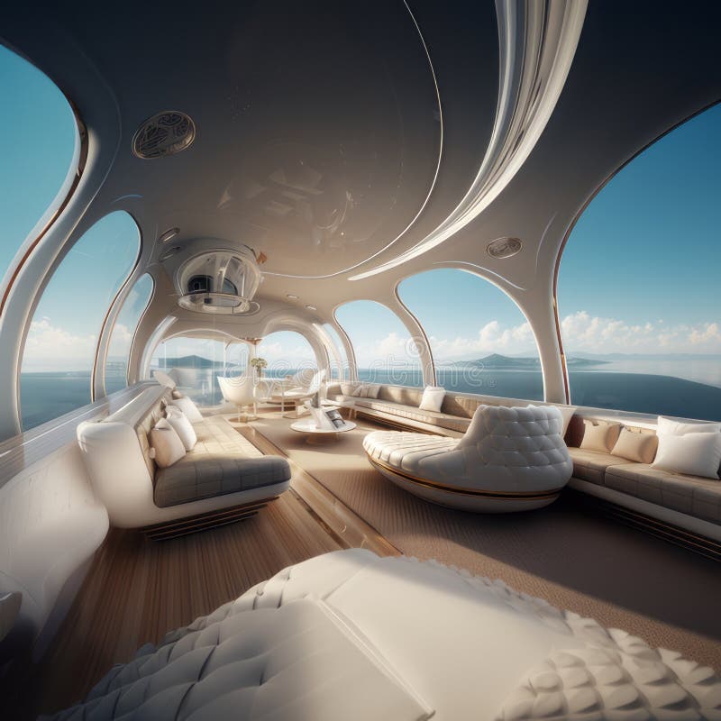 Elevated Elegance: Luxurious Modern Interior of Blimp with Panoramic Views Stock Illustration ...