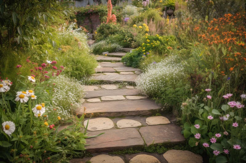 Step Pathway with Stepping Stones through Garden, Surrounded by ...