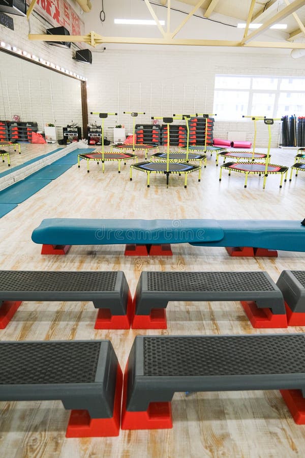 Step Platforms and Trampolines for Classes in the Same Hall Stock Photo ...
