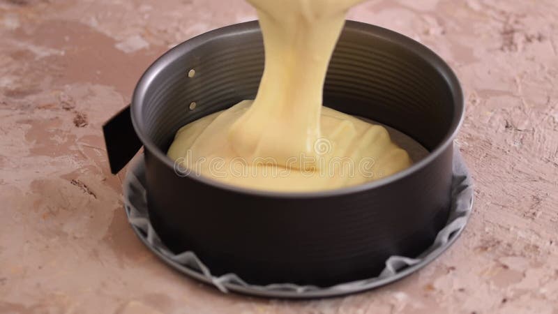 Step by Step. Pouring Cake Batter in Cake Pan Ready for Baking. Stock ...
