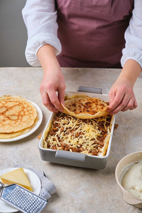 Step-by-step Preparation of Pancake Lasagna or Casserole with Pancakes ...
