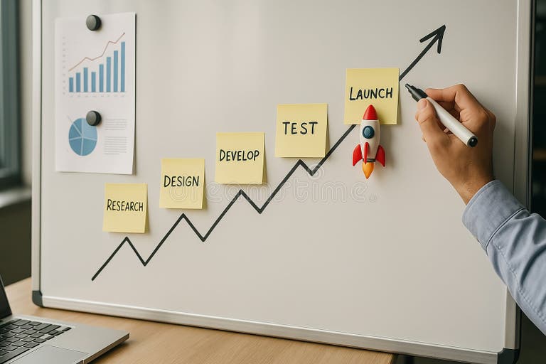 Step-by-step Product Development Process on Whiteboard Showing Research ...