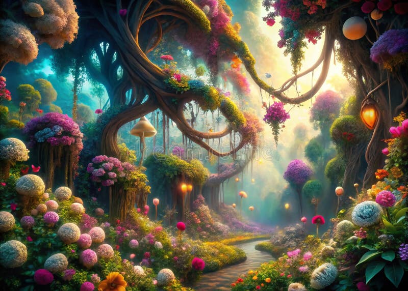 A Dreamlike Surreal Garden Twisted Vines Embrace Floating Flowers in an ...