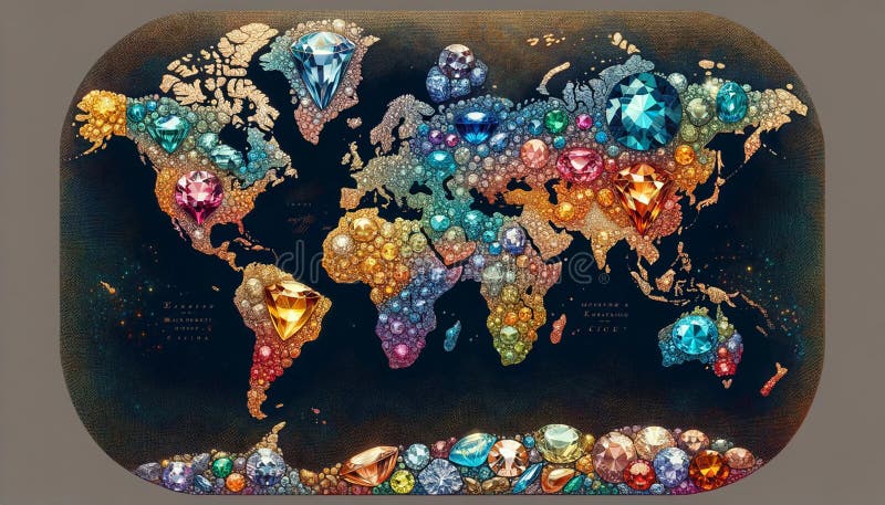 Crystal Cartography: Colorful Gemstones on a World Map Stock ...