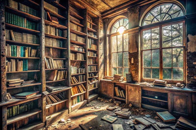 Dusty Bookshelf in Abandoned Library, with Forgotten Knowledge Waiting ...