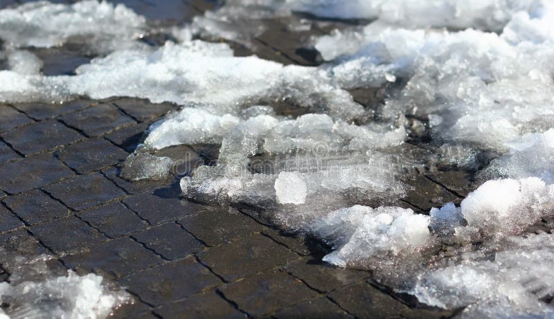 Step on a Spring Melting Snow on Sidewalk Stock Photo - Image of urban ...