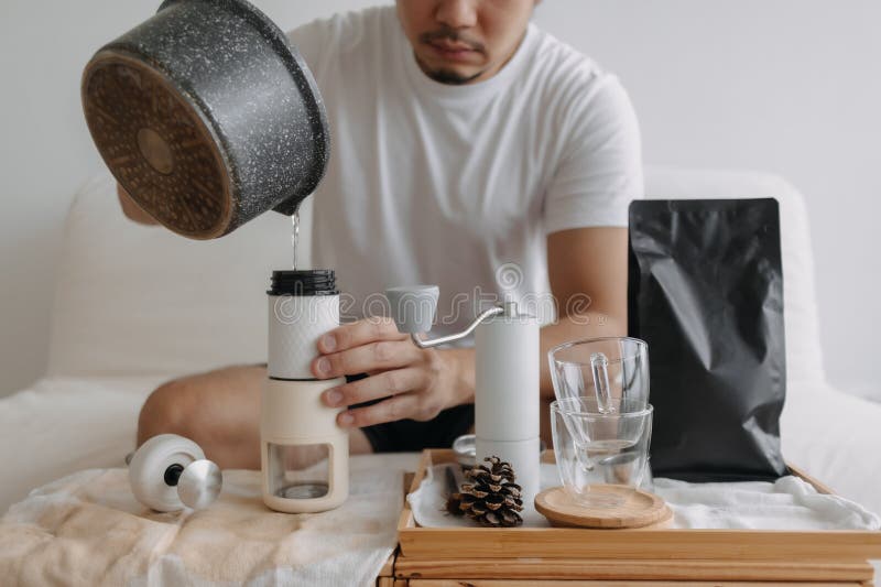 Step by Step of Man Making Espresso with Hand Press Tools. Stock Photo ...