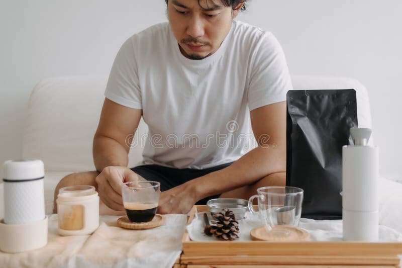Step by Step of Man Making Espresso with Hand Press Tools. Stock Photo ...