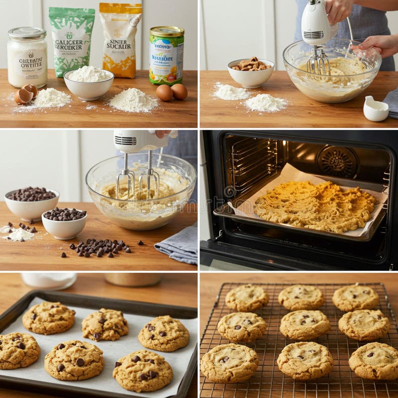 A Step-by-step Collage of Chocolate Chip Cookie Making. Stock ...