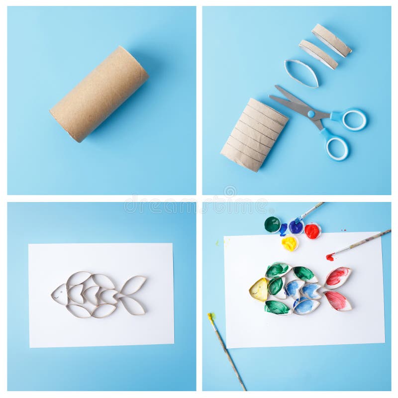 Step-by-step DIY Fish Craft Using Recycled Toilet Paper Roll. Flat Lay ...