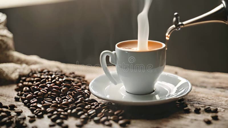 The Step-by-step Process of Filling a Cup with Liquid Coffee, Covering ...