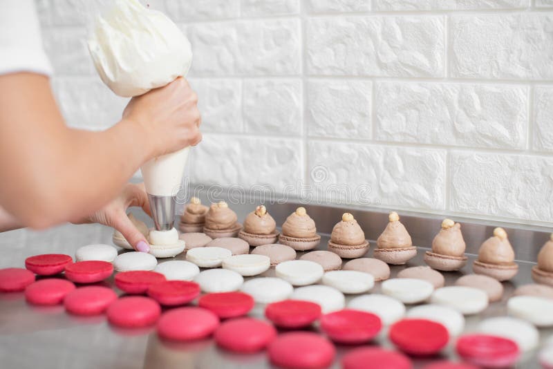 Step by Step Process of Making Macarons in Confectionery Shop. Close Up ...