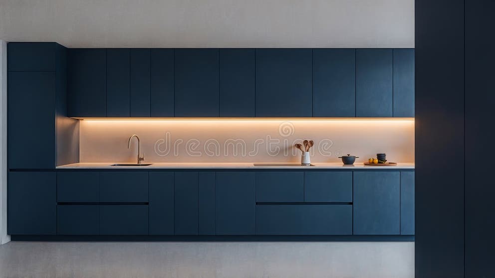 Modern Minimalist Kitchen Design Featuring Dark Blue Cabinets Backlit ...