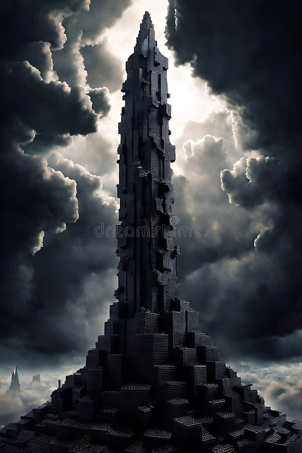 Ominous Dark Tower Made from Blocks Reaching into the Clouds Stock ...