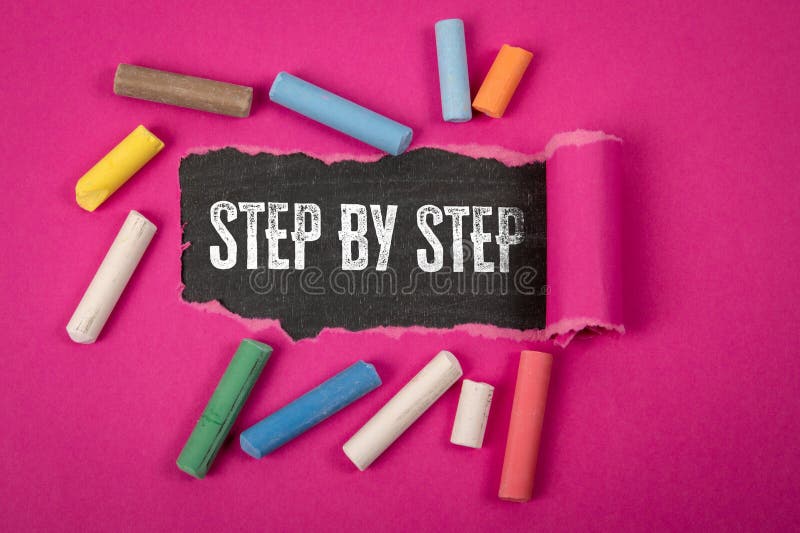 Step by Step. Text Under Torn Purple Paper on a Blackboard Stock Image ...