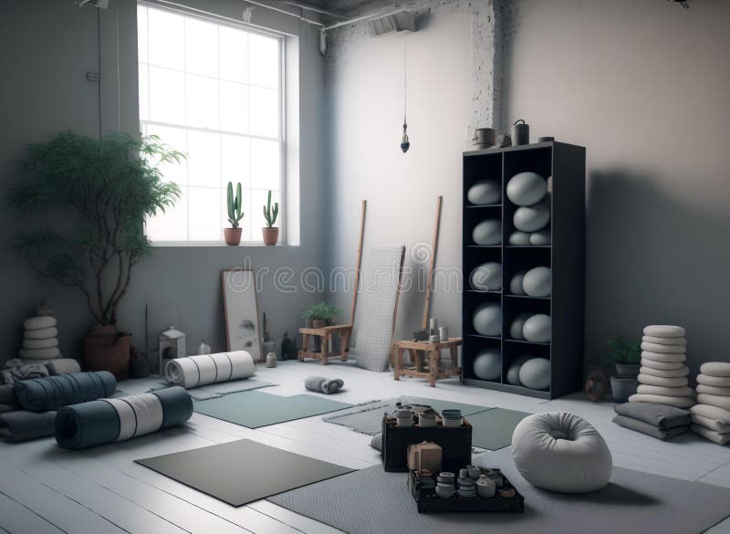Empty Yoga Studio with a Variety of Prop Arranged Around the Space ...