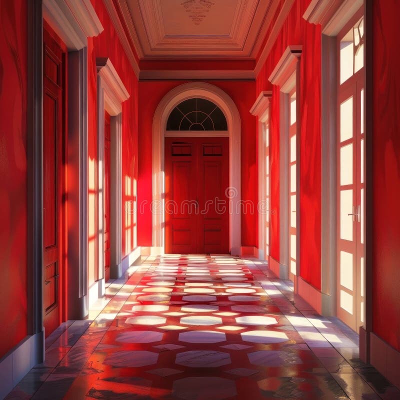 Step into a Vibrant Red Hallway Bathed in Sunlight, Featuring Arched ...