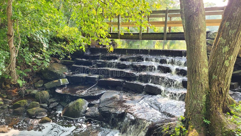 Step Waterfall River Creek Stream Under Walking Bridge at Summertime ...