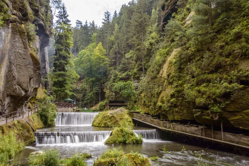 Step Waterfall Surrounded by Hilly Forests Stock Photo - Image of flora ...