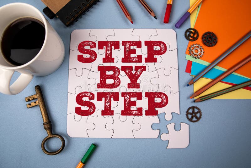 Step by Step. White Puzzle and Office Supplies on Table Stock Image ...