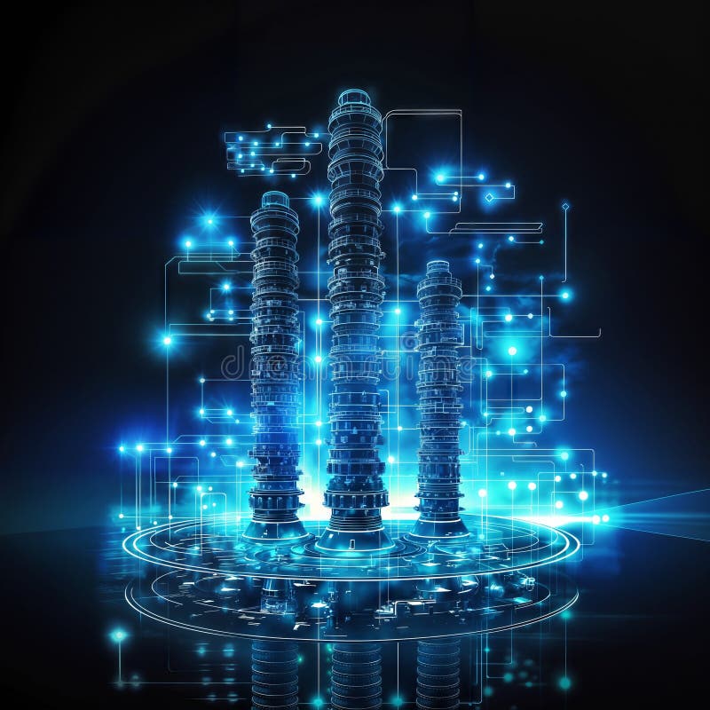 Abstract Technology Concept, Circuit Board and High Tech Tower on Dark ...