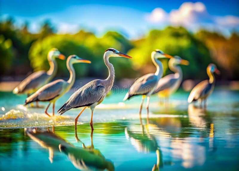 Enchanted Waters Edge a TiltShift Perspective Reveals Tiny Herons in a Miniature World Capturing ...