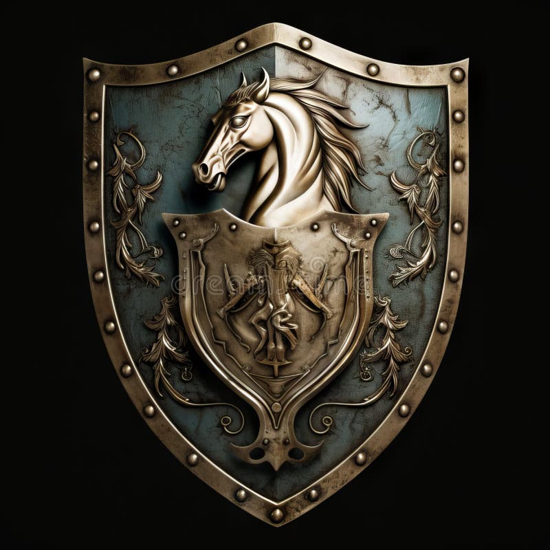 Enchanting Medieval Shield: Equestrian Emblem on a Serene Light Blue ...