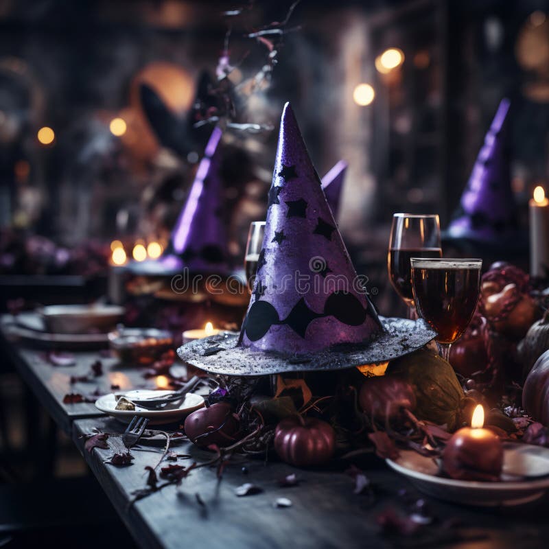 Witchy Enchantment: Halloween Table in Twilight Ambiance Stock ...