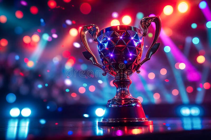 Colorful Luxurious Shiny Esports Trophy Surrounded with Bright Lights ...