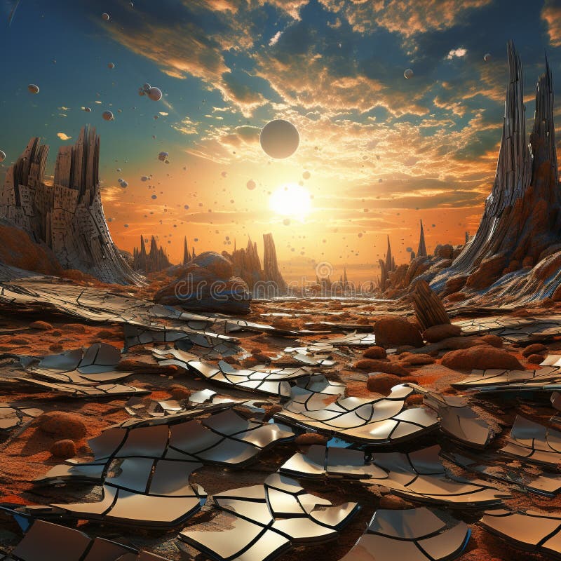 Surreal Landscape with Cracked Solar Panels on a Desolate Planet Stock ...