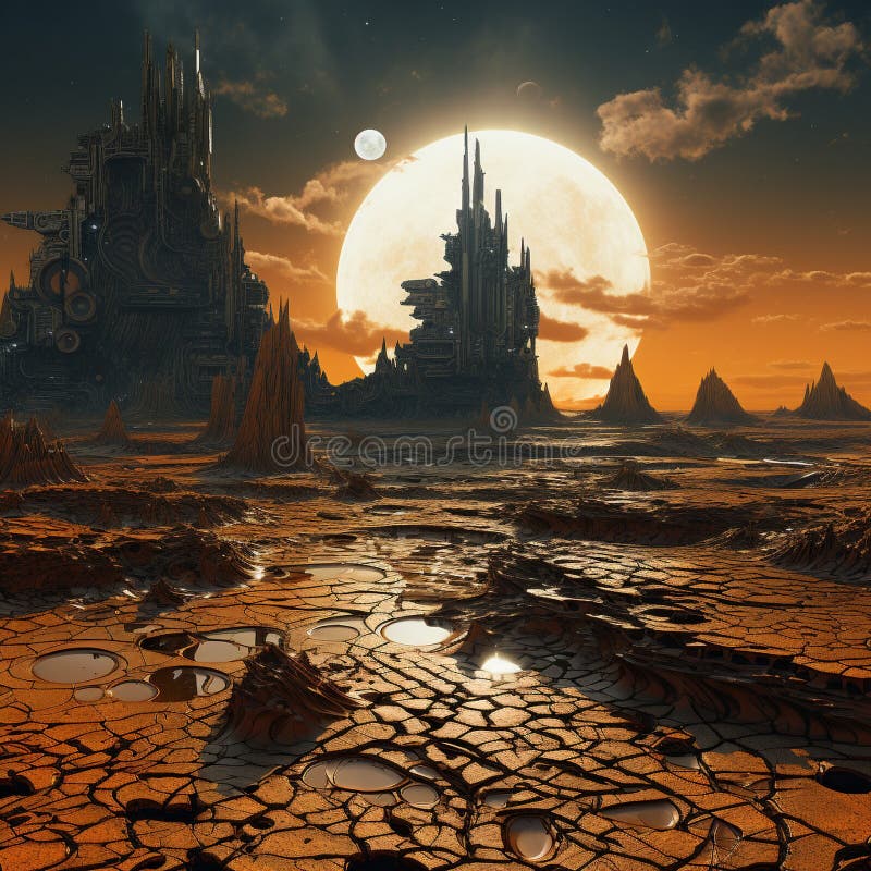 Surreal Landscape with Cracked Solar Panels on a Desolate Planet Stock ...