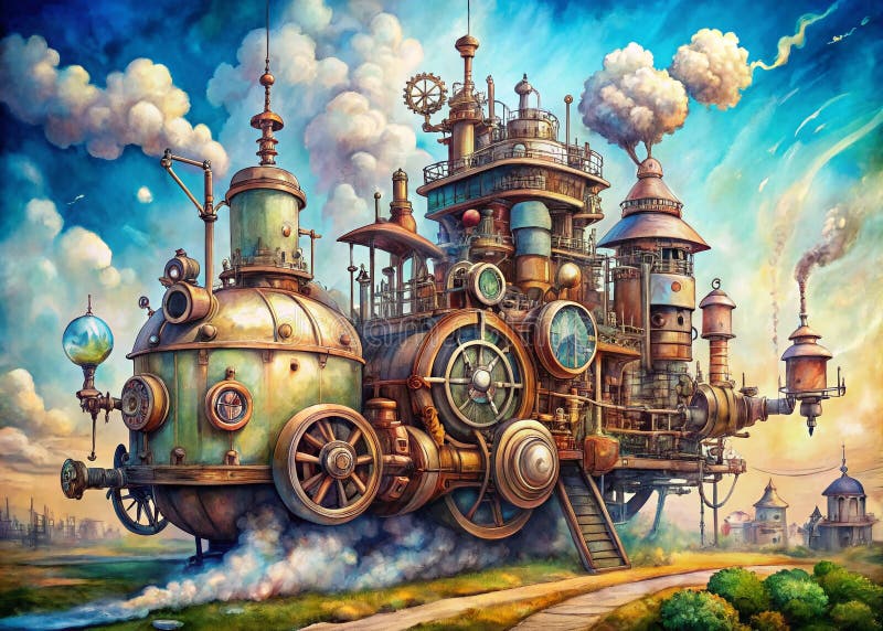 A Whimsical Steampunk Machine Intricate Double Exposure Watercolor ...