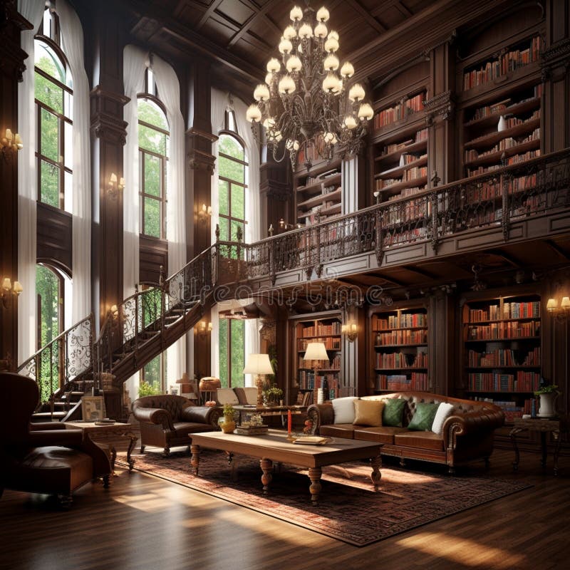 Lighting the Mind: Illuminated Library Interiors Stock Photo - Image of ...