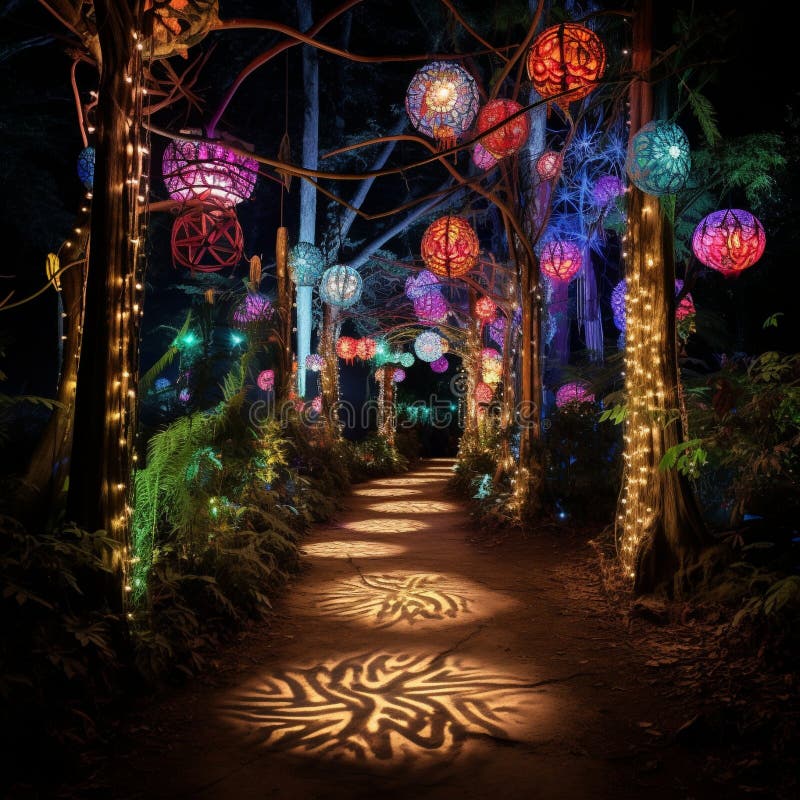 Illuminated Pathway into a Magical Forest Stock Photo - Image of lights ...