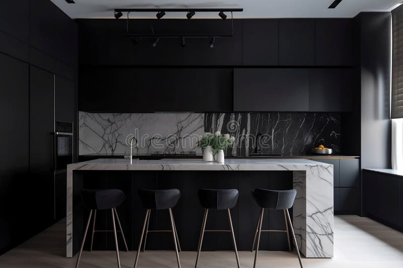 Minimalist Luxury: Modern Kitchen with Matte Black Finish and Marble ...