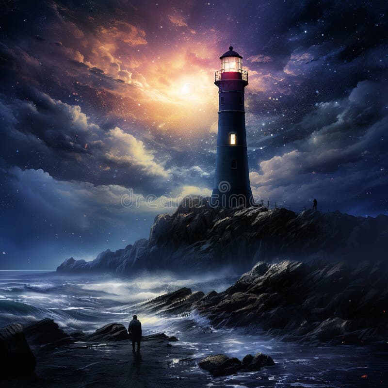 Starry Lighthouse stock photo. Image of mystery, realm - 289675578