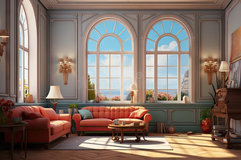 Sunlit Serenity: Living Room with Several Windows in the Style of Cyril ...