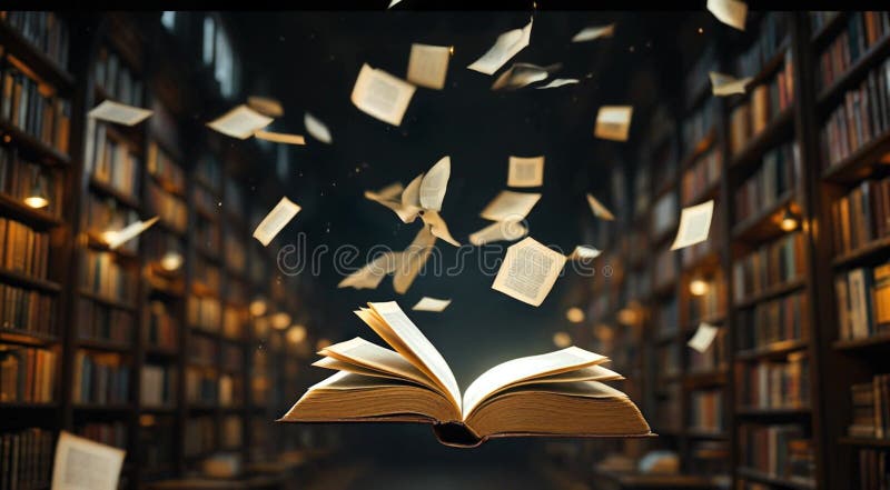 Open Book with Pages Flying in a Magical Library Illuminated by Light ...