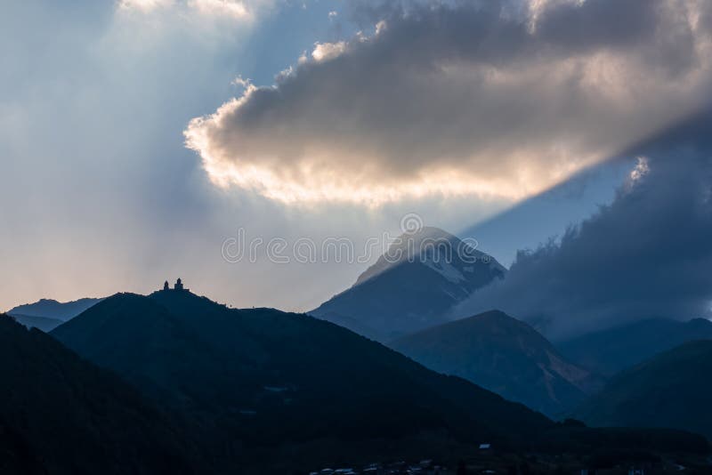 Stepantsminda - Distant View on Gergeti Trinity Church in Stepansminda ...