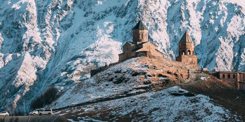 Stepantsminda, Georgia. Famous Gergeti Trinity Tsminda Sameba Church in ...
