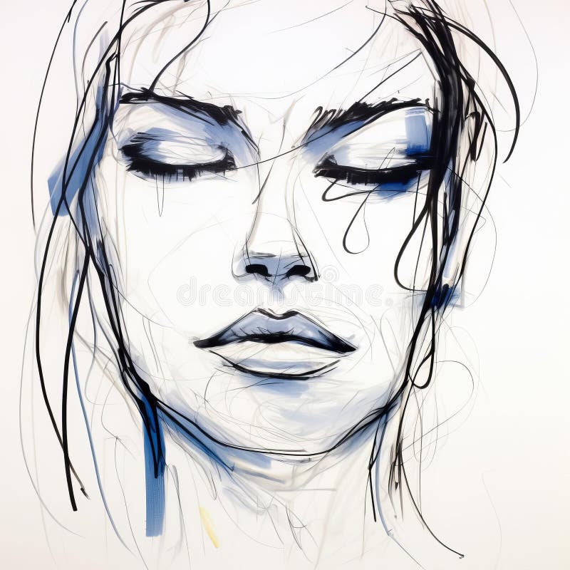 Stephanie S Beautiful Face Drawing with Blind Contour Technique Stock ...