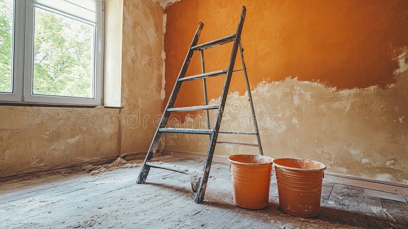 Stepladder and Paint Buckets are Standing in a Room during a Renovation ...