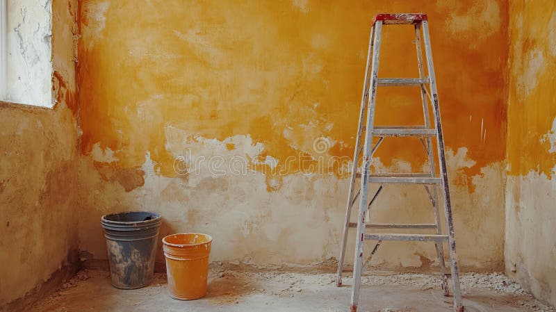 Stepladder and Paint Buckets are Standing in a Room during a Renovation ...