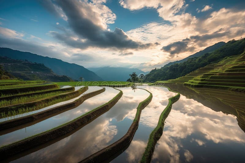 Stepped Rice Terraces Reflecting the Sky Stock Image - Image of ...