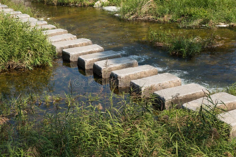 Stepping Stones Cross Over a Stream Stock Image - Image of green ...