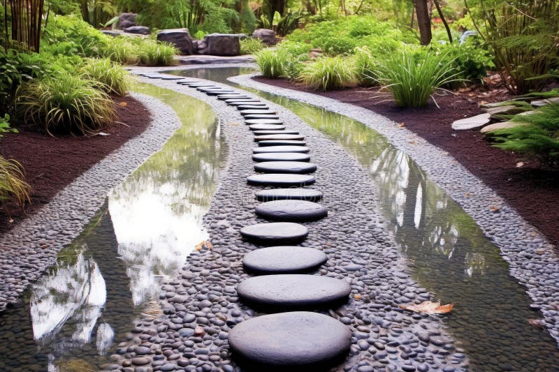 Stepping Stones and Pathways Leading To Serene Japanese Garden Stock ...