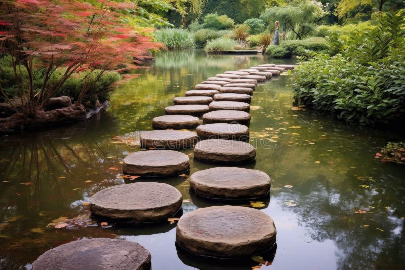 Stepping Stones and Pathways Leading To Serene Japanese Garden Stock ...