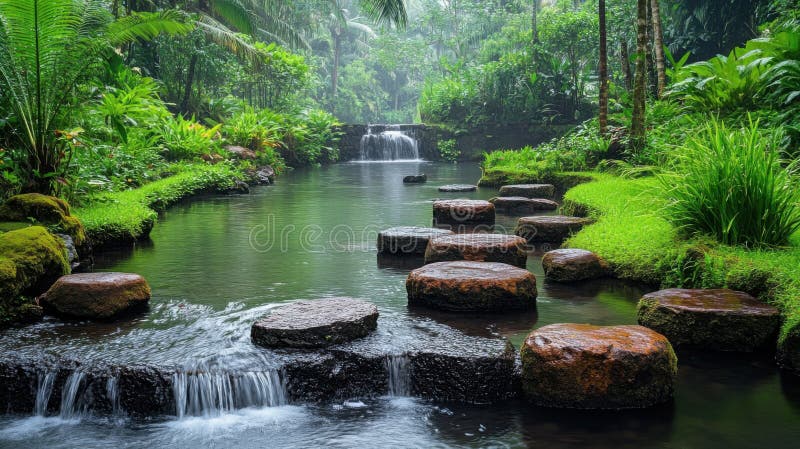 Stepping Stones Path Lush Green Stream Tranquil Forest Stock Photos ...