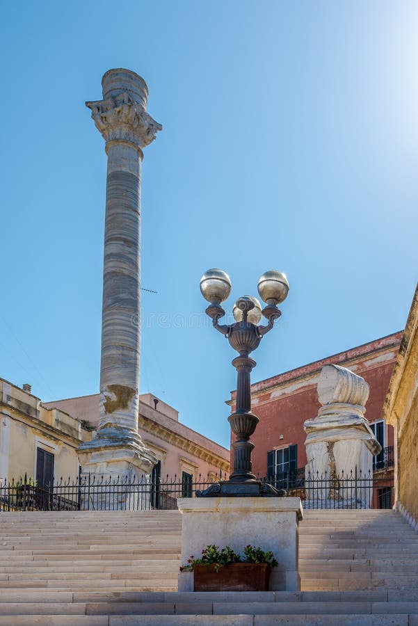 Steps with Ancient Roman Column in the Streets of Brindisi - Italy ...