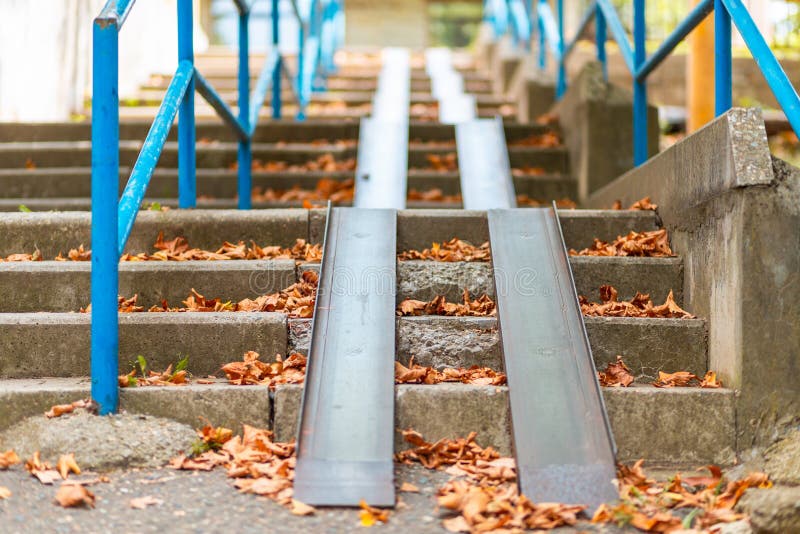 Steps with a Blue Railing and Ramp, Covered with Autumn Leaves. Bottom ...